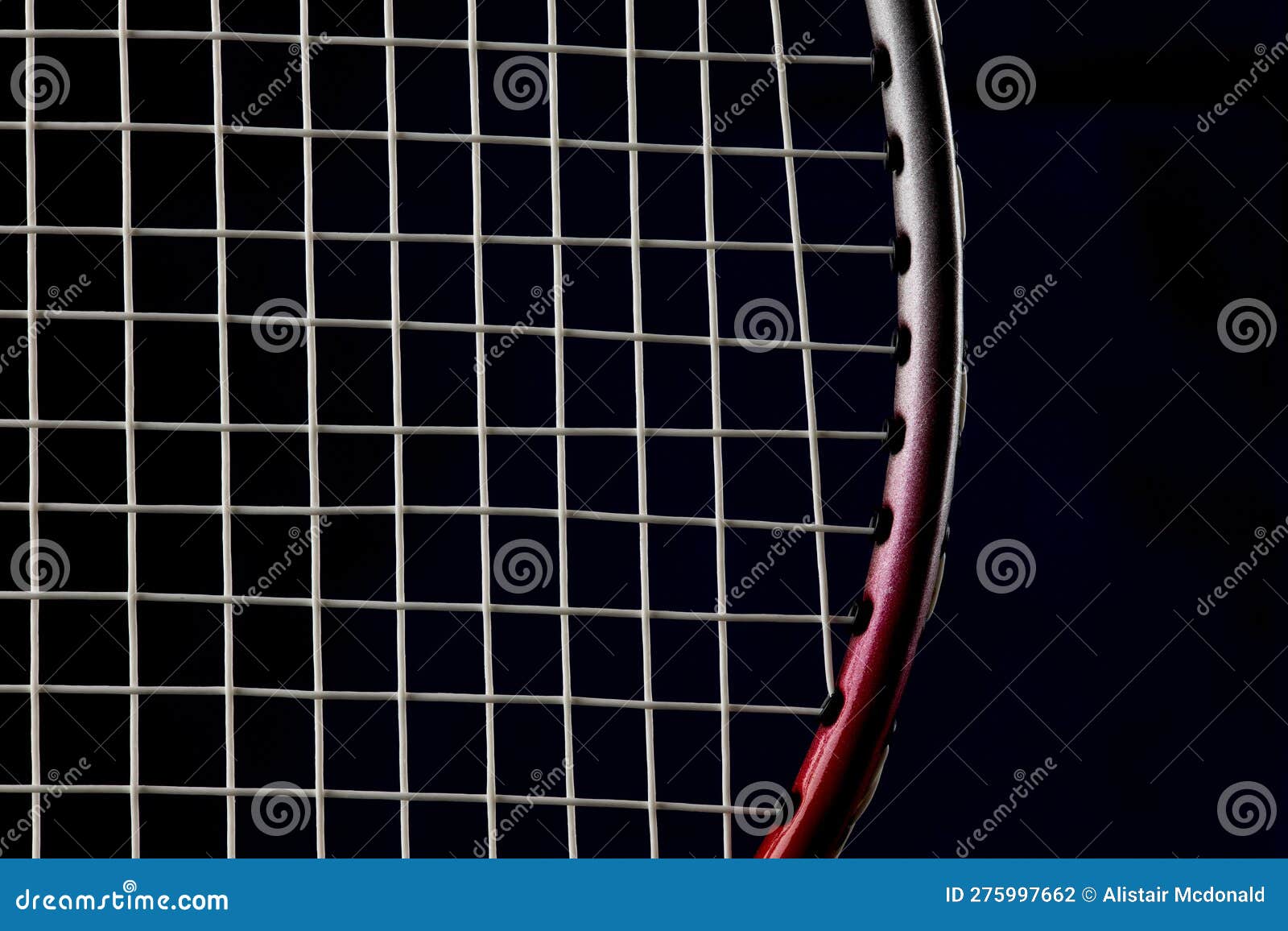 Closeup of Badminton Racket Frame and Strings on a Dark Blue Background ...