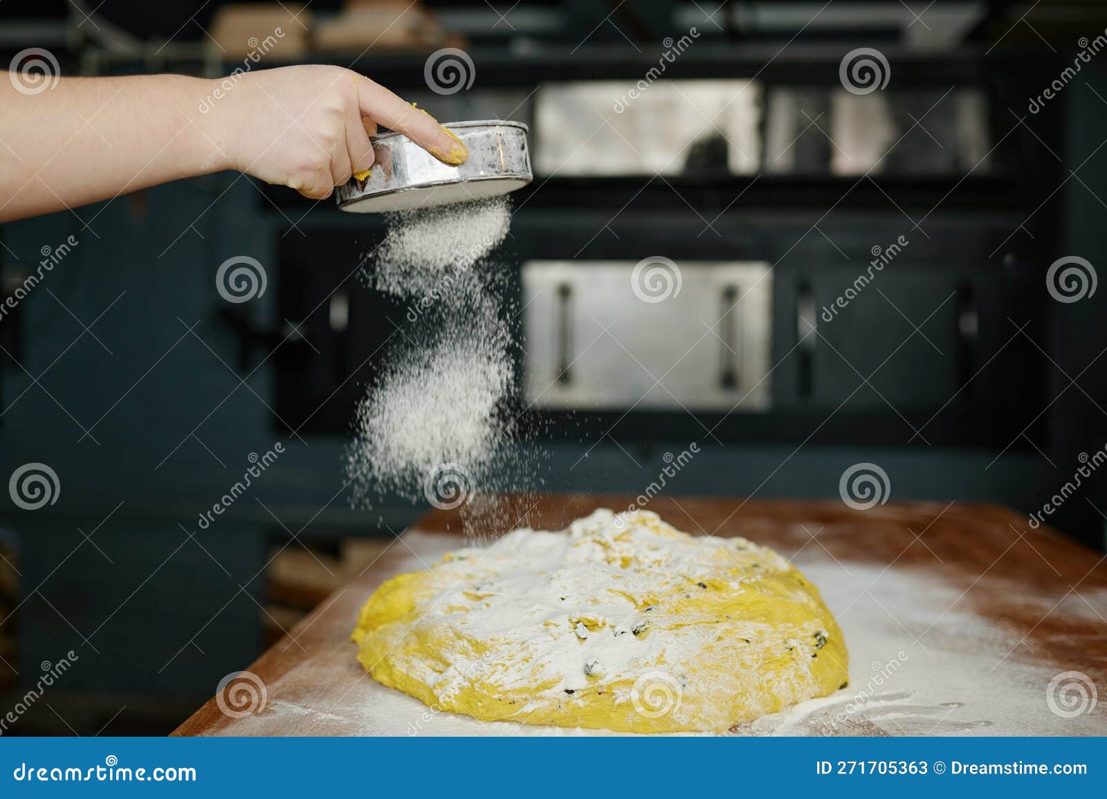 Closeup Baker Hands Sprinkling Flour on Raw Dough for Bread Stock Image ...