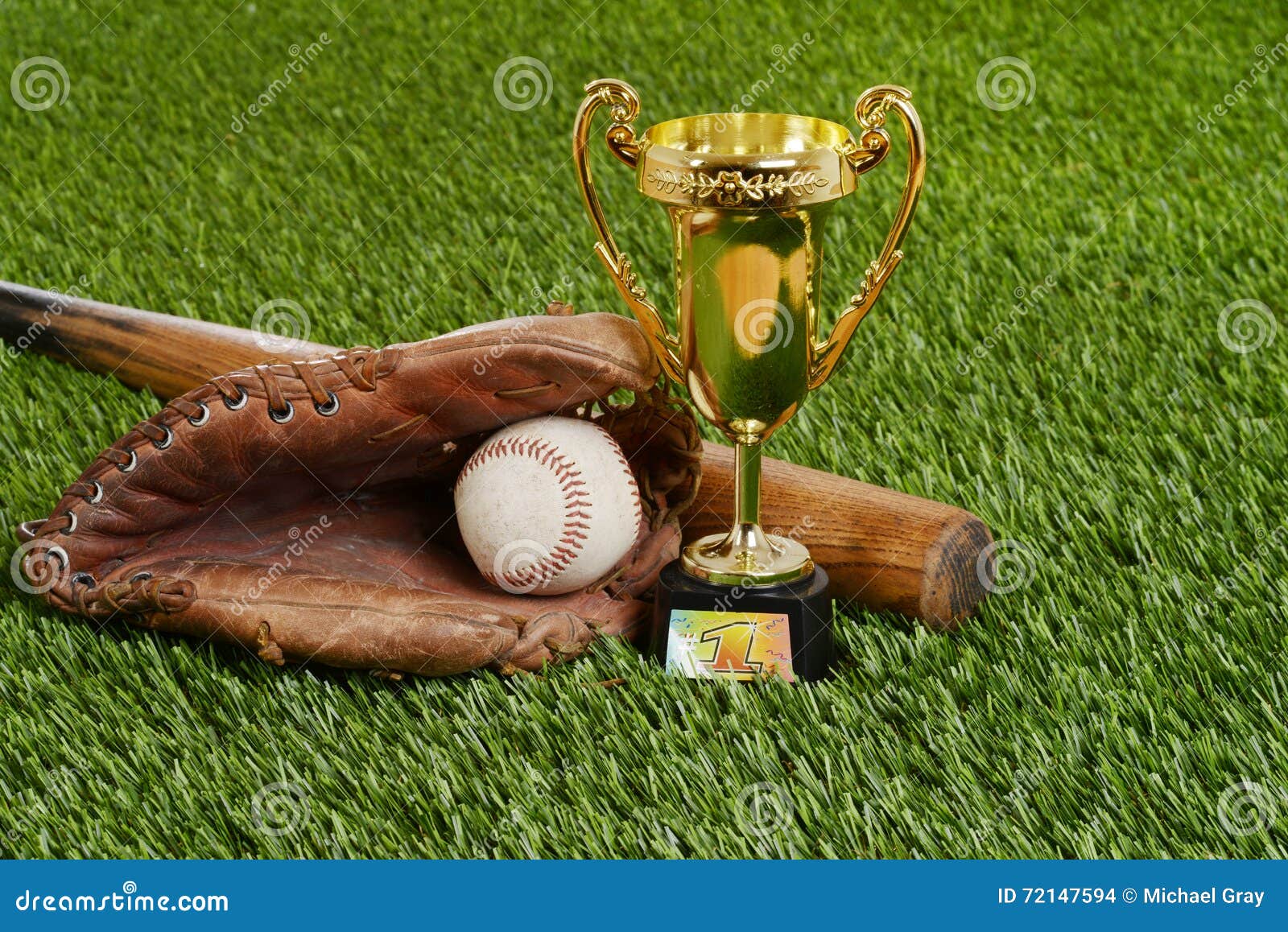 Closeup Baseball Trophy with Bat Ball and Glove Stock Photo - Image of ...