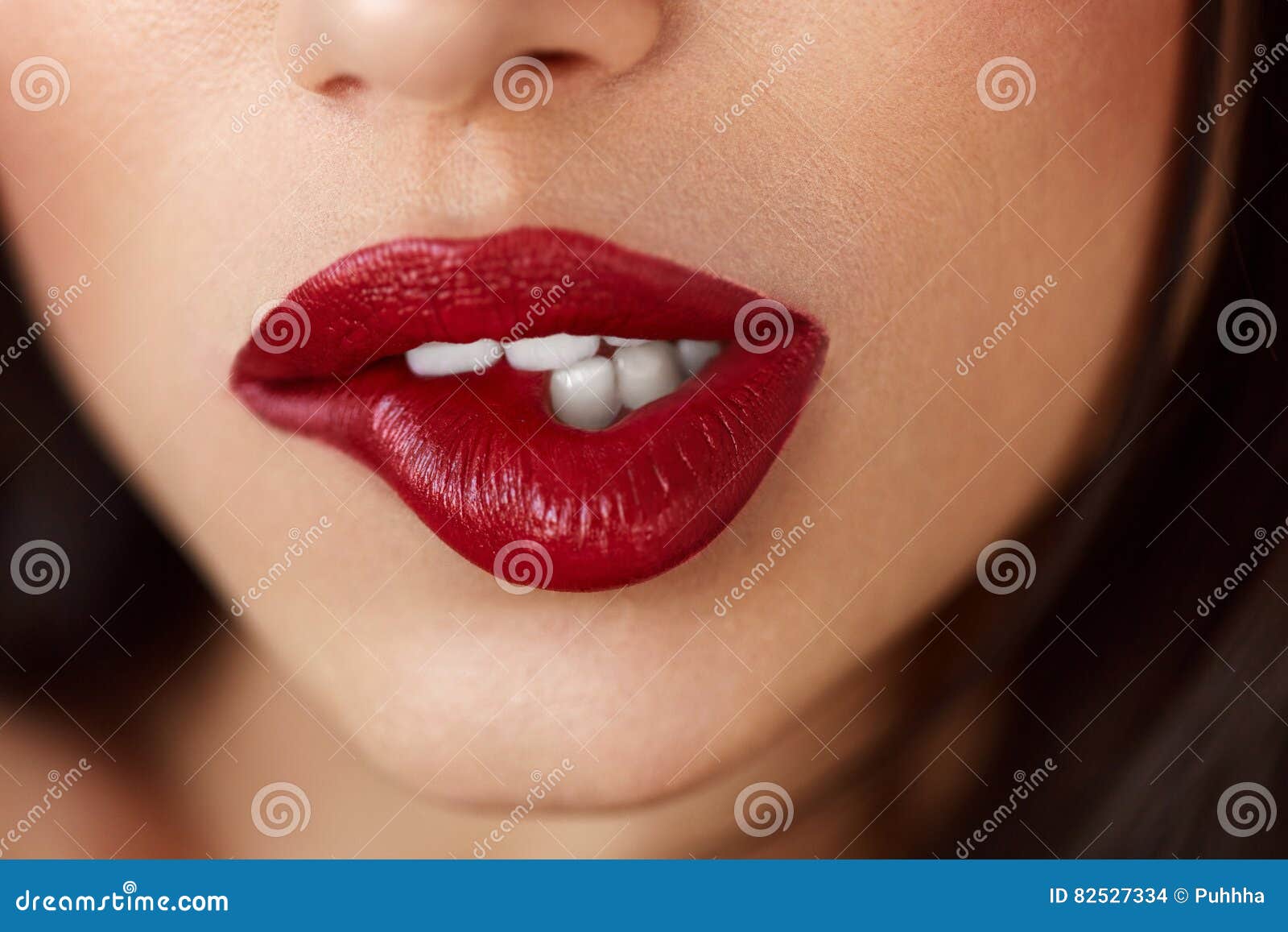 Closeup Beautiful Woman Lips With Red Lipstick Beauty Makeup Stock