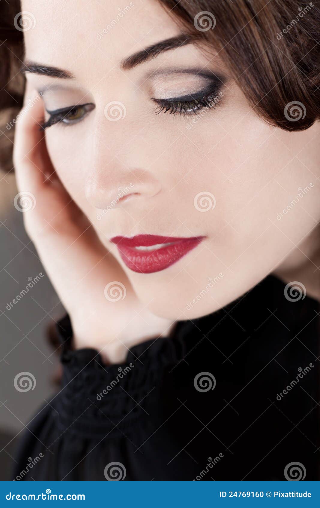 Closeup Beautiful Woman Red Lips Looking Down Stock Photo - Image of ...