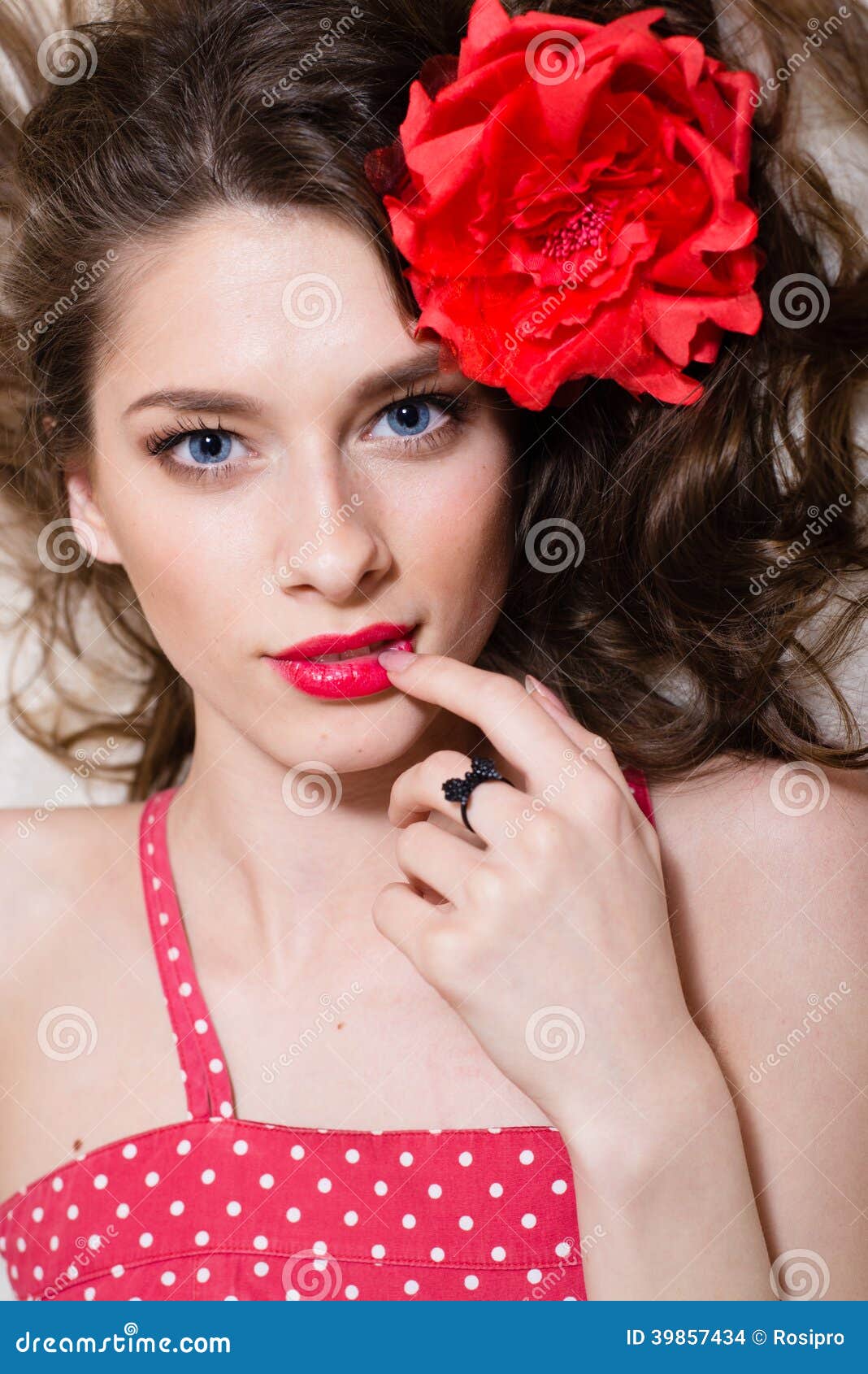 Closeup On Beautiful Young Woman Brunette Pinup Girl In Polka Dot Dress