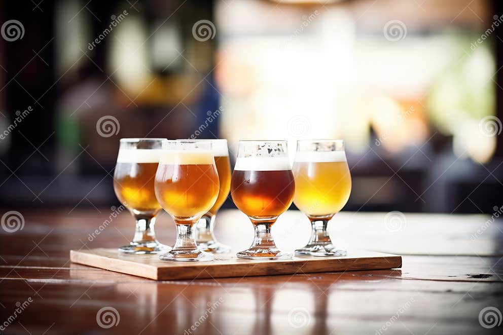 Closeup of a Beer Flight with Assorted Ales on a Table Stock Image ...