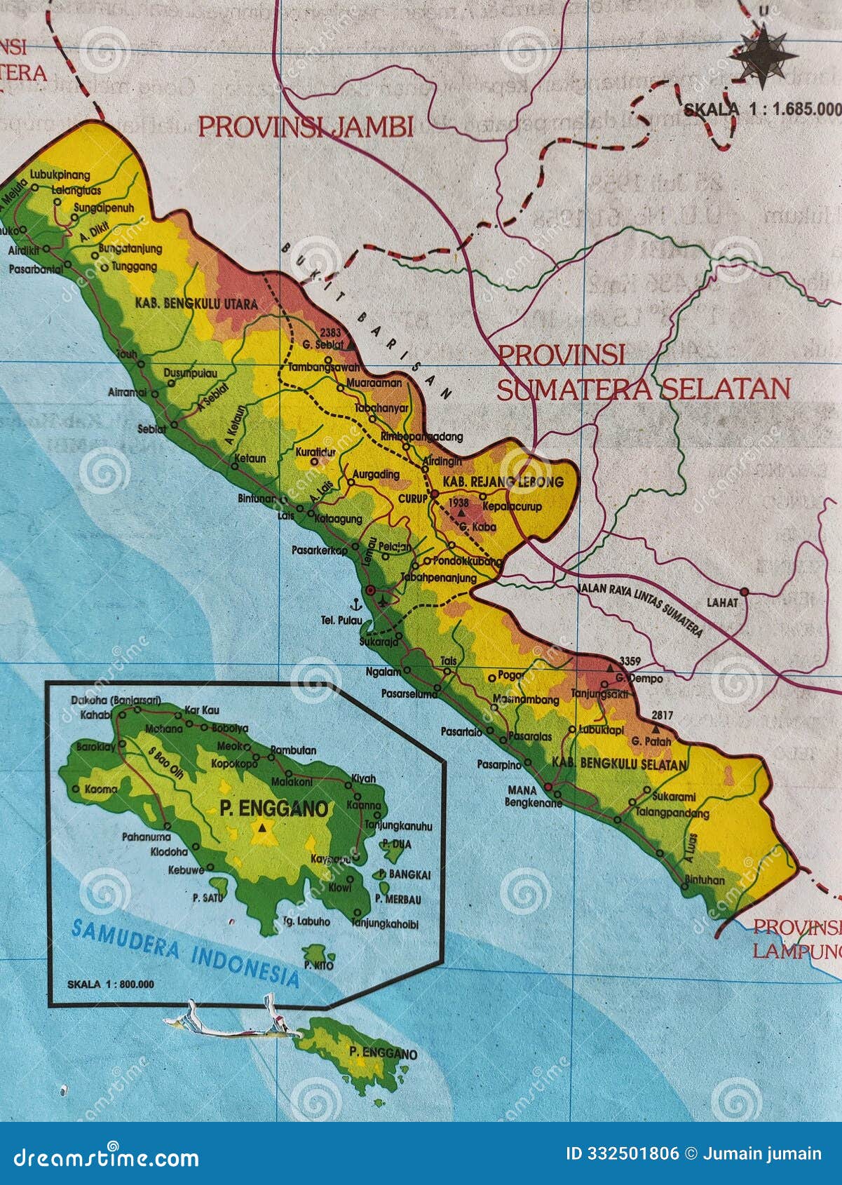 Bengkulu Map and Major Cities Around it on Physical Map Stock Photo ...