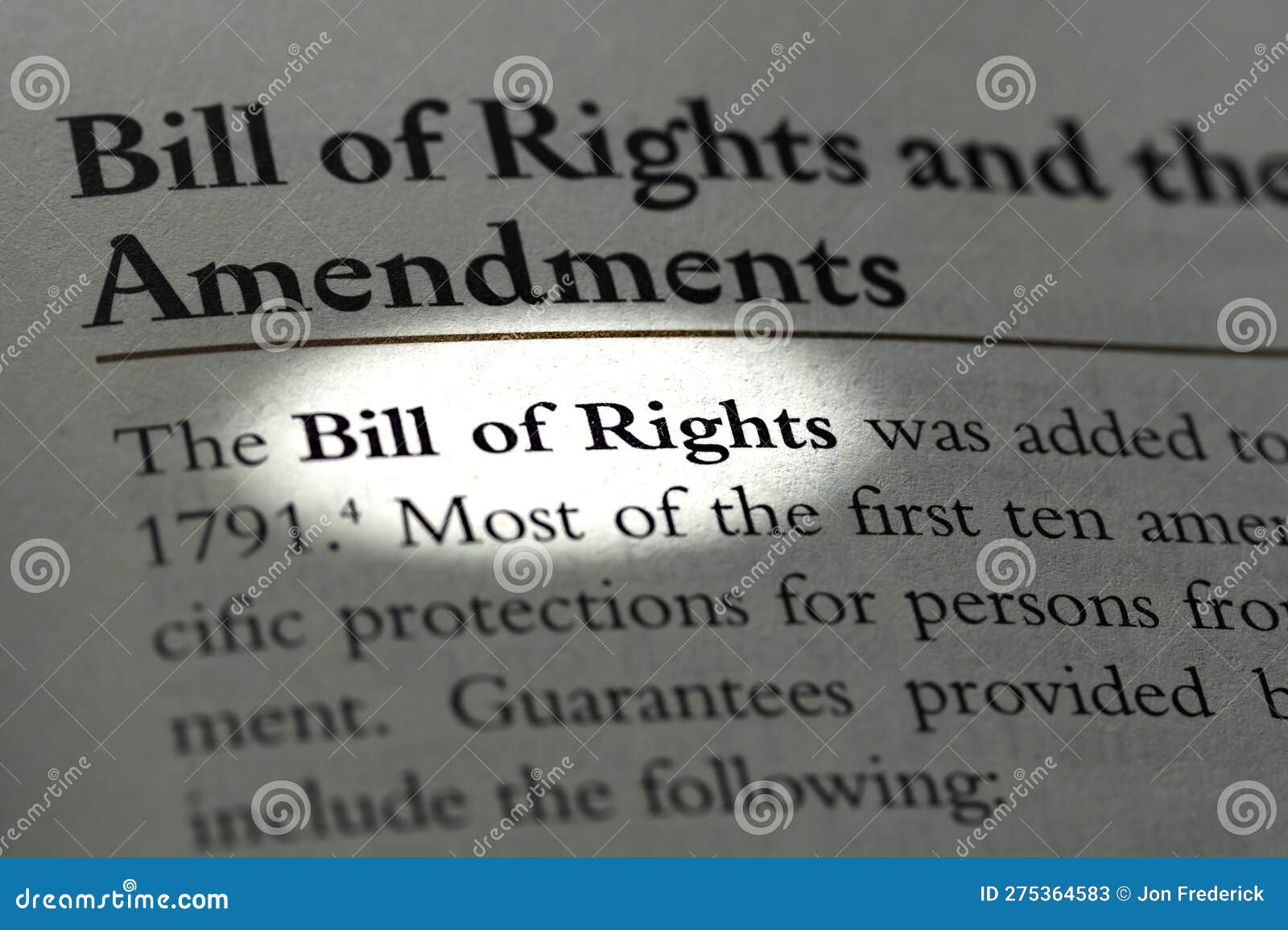 Closeup of the Bill of Rights Printed and Highlighted in Textbook on ...