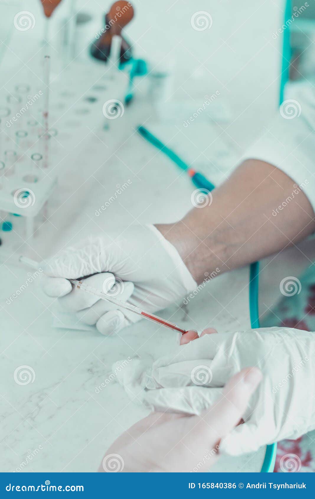 Closeup of Blood Sampling from Finger, Lab Technician and Patient Hands ...