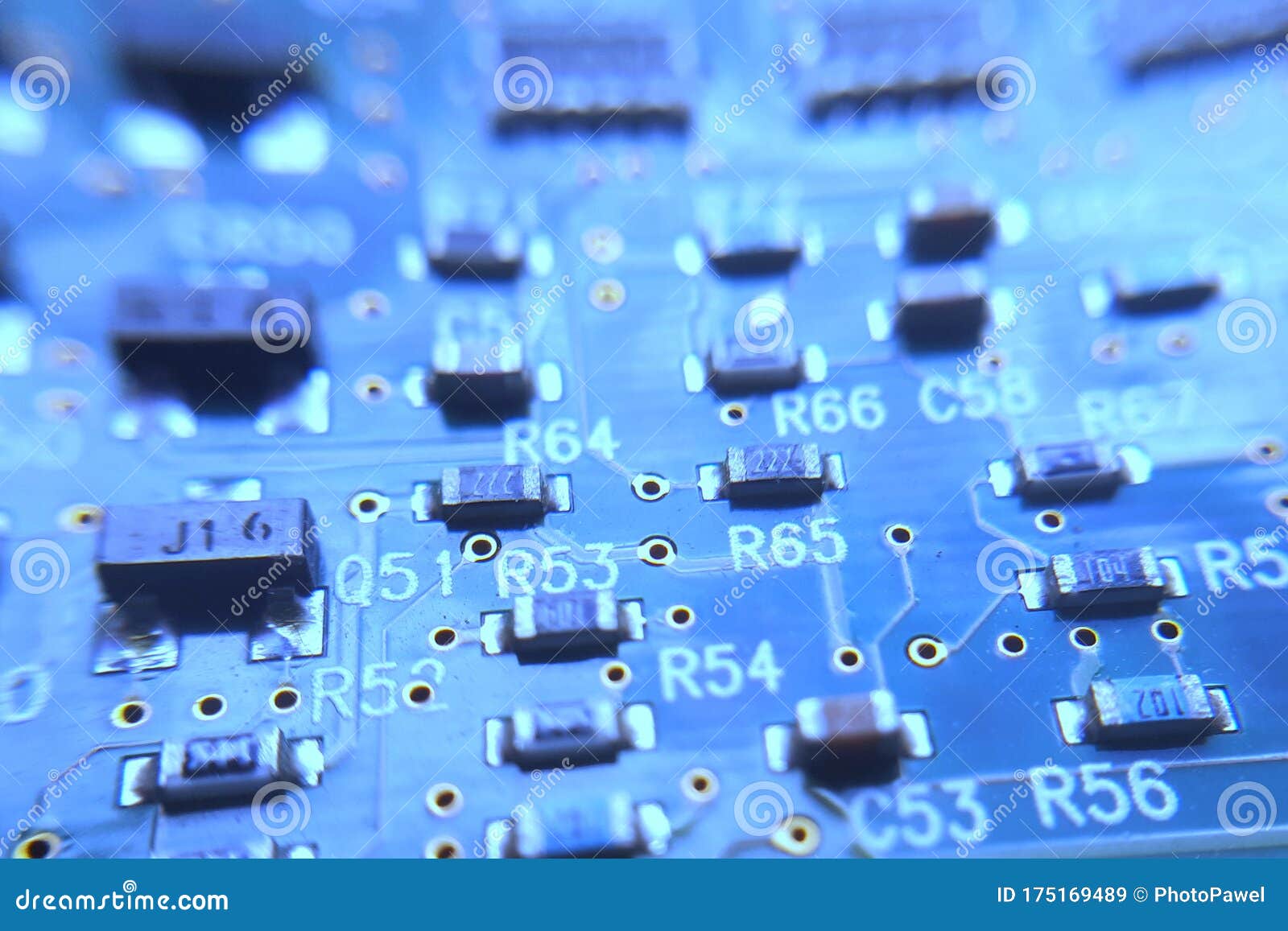 Closeup Blue Computer PCB Board. Macro Picture of Green Printed Circuit ...