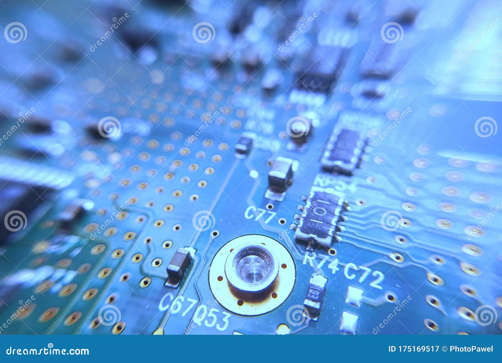 Closeup Blue Computer PCB Board. Macro Picture of Green Printed Circuit ...