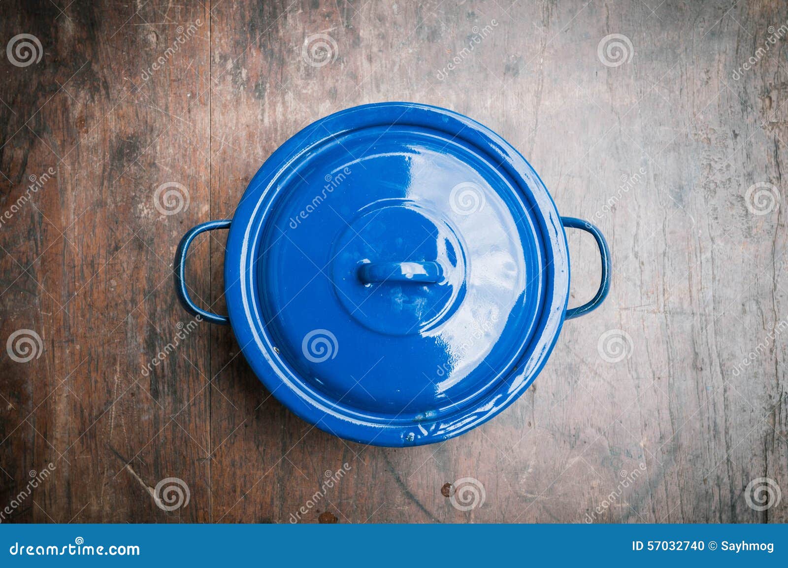 Closeup of Blue Cooking Pot on Wooden Stock Photo - Image of tool, home ...