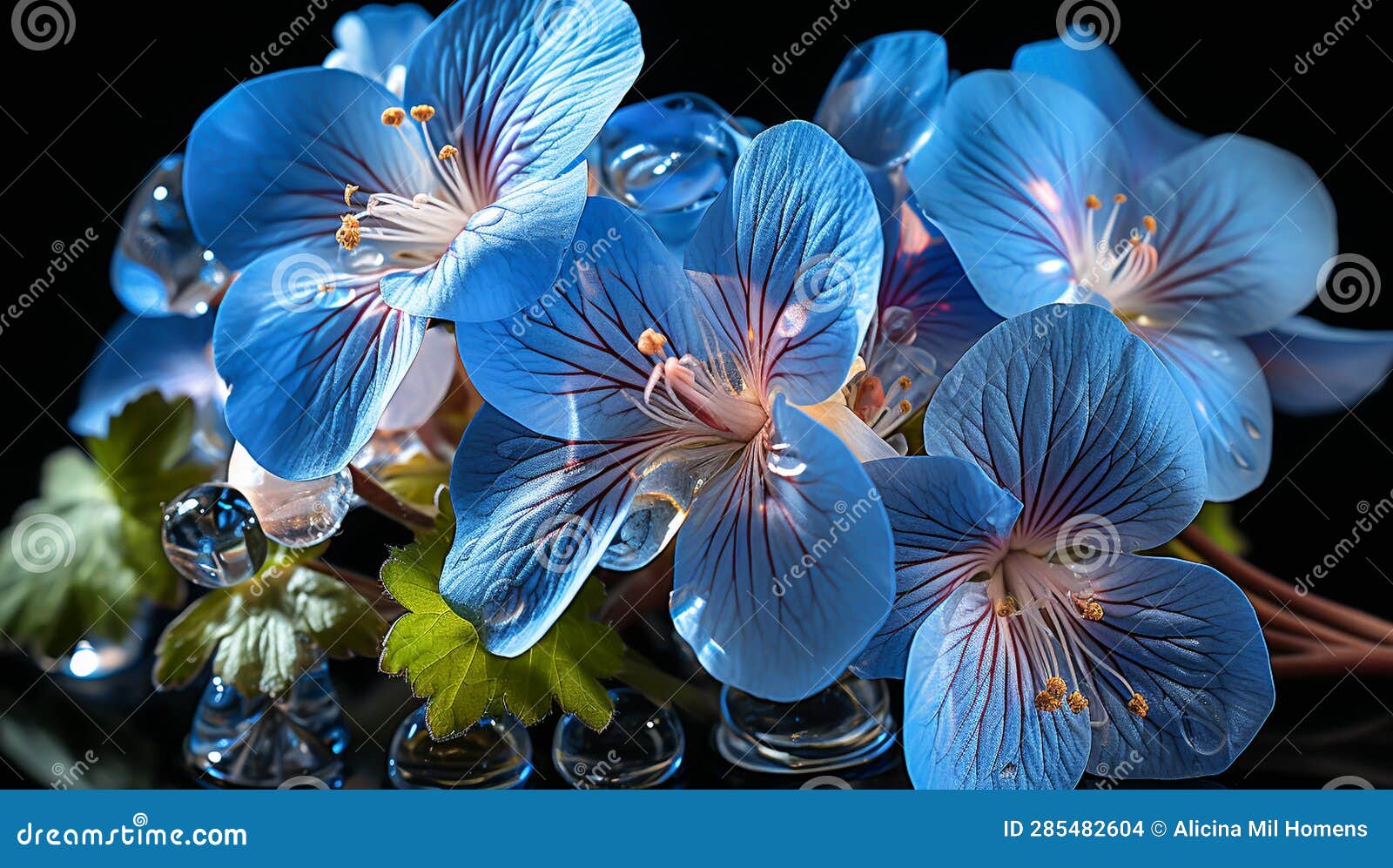 Closeup of Blue Geraniums on Dark Background. AI Generated Stock ...