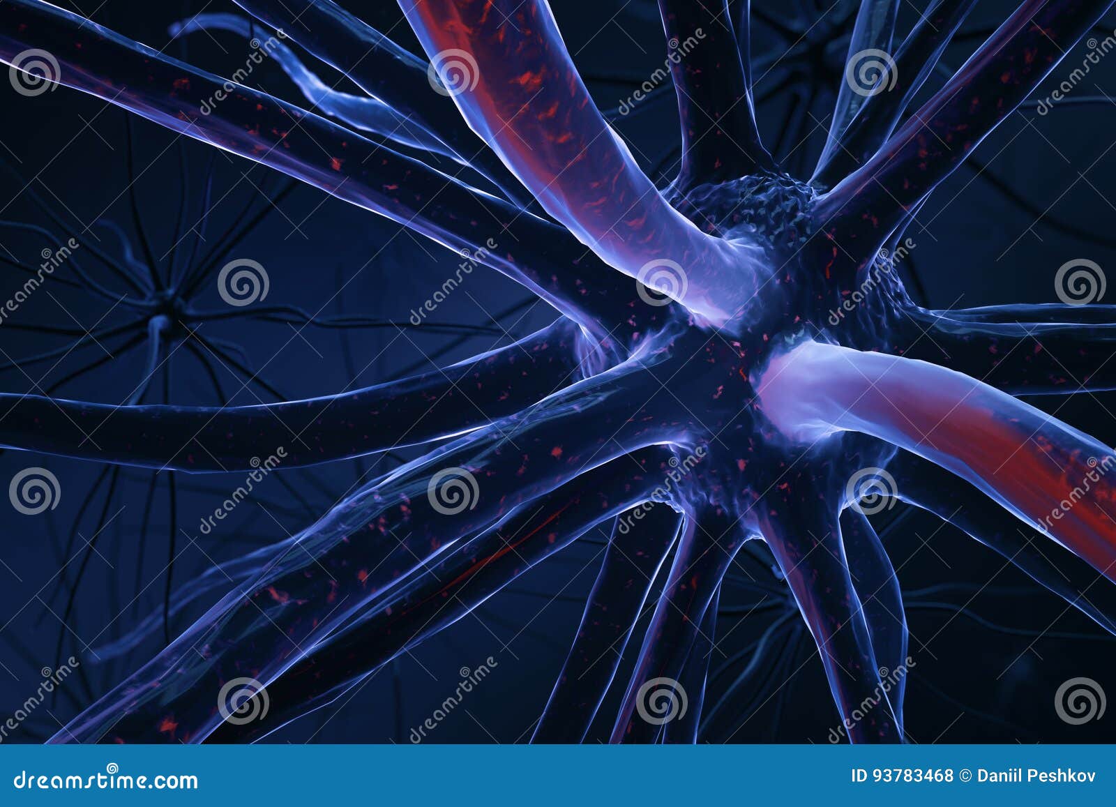 Blue Neuron Cell. Brain Activity And Dendrites. Scientific Cartoon ...