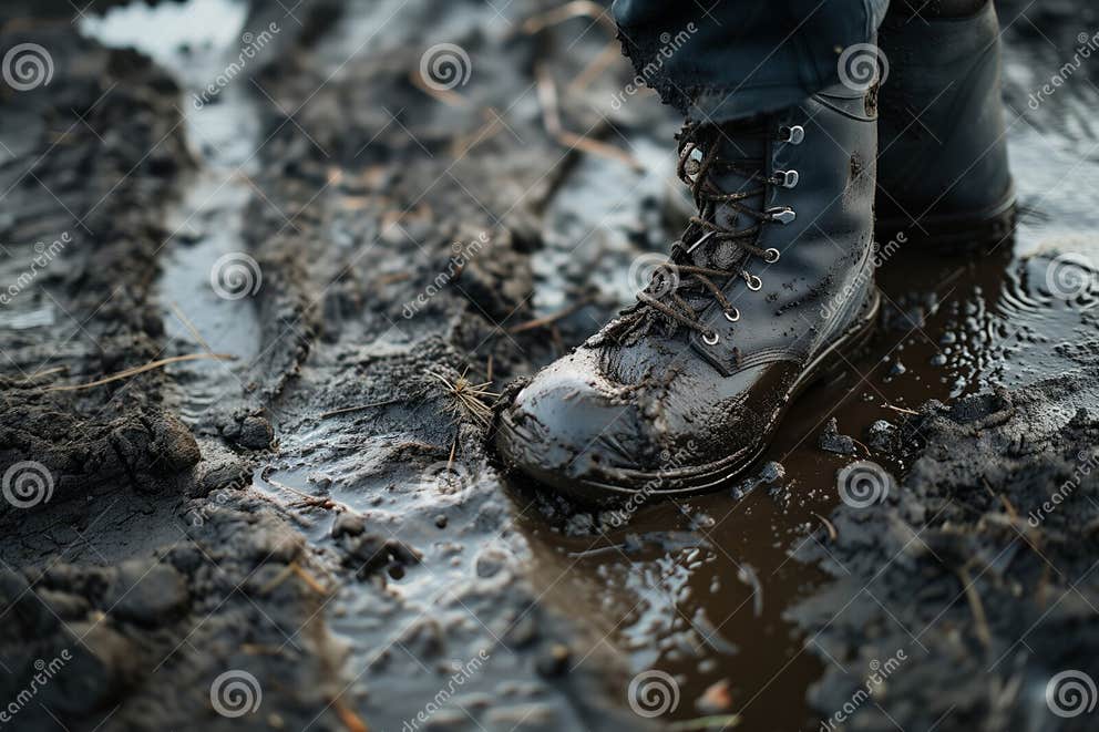 Closeup of Boots Sinking into Wet Mud Stock Photo - Image of mucky ...