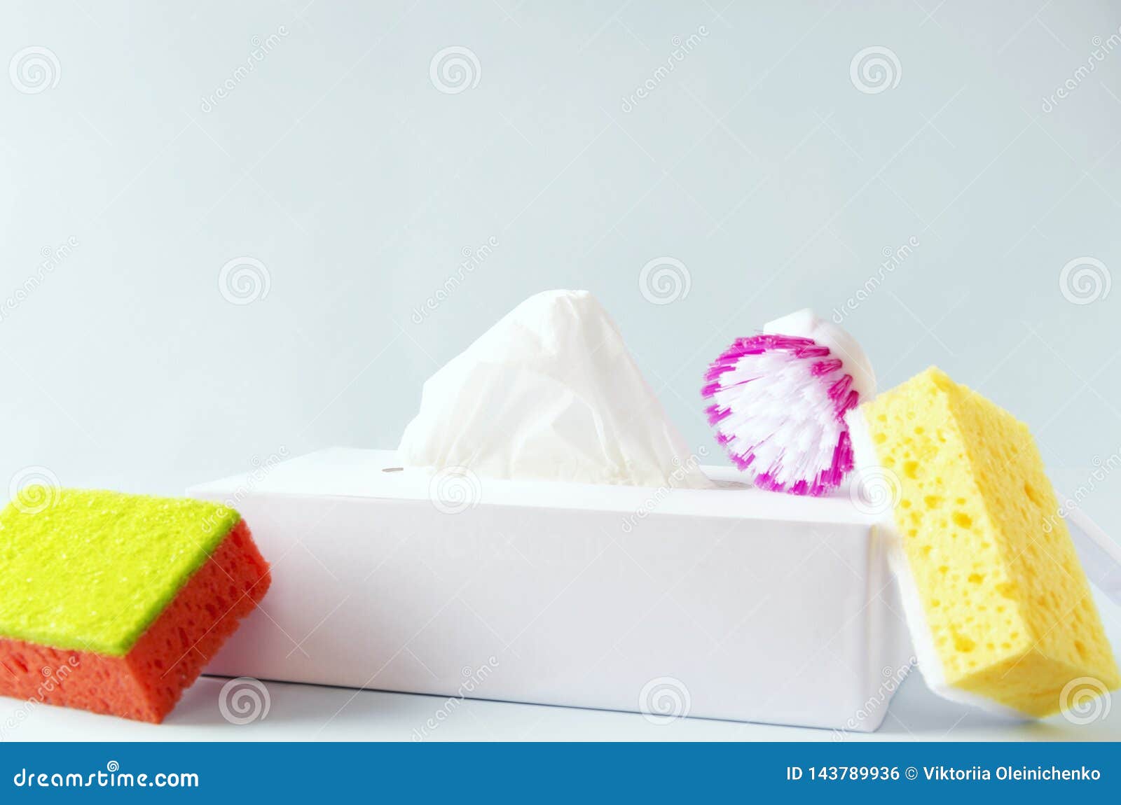Closeup of Box with Paper Tissue and Different Cleaning Items, Empty ...