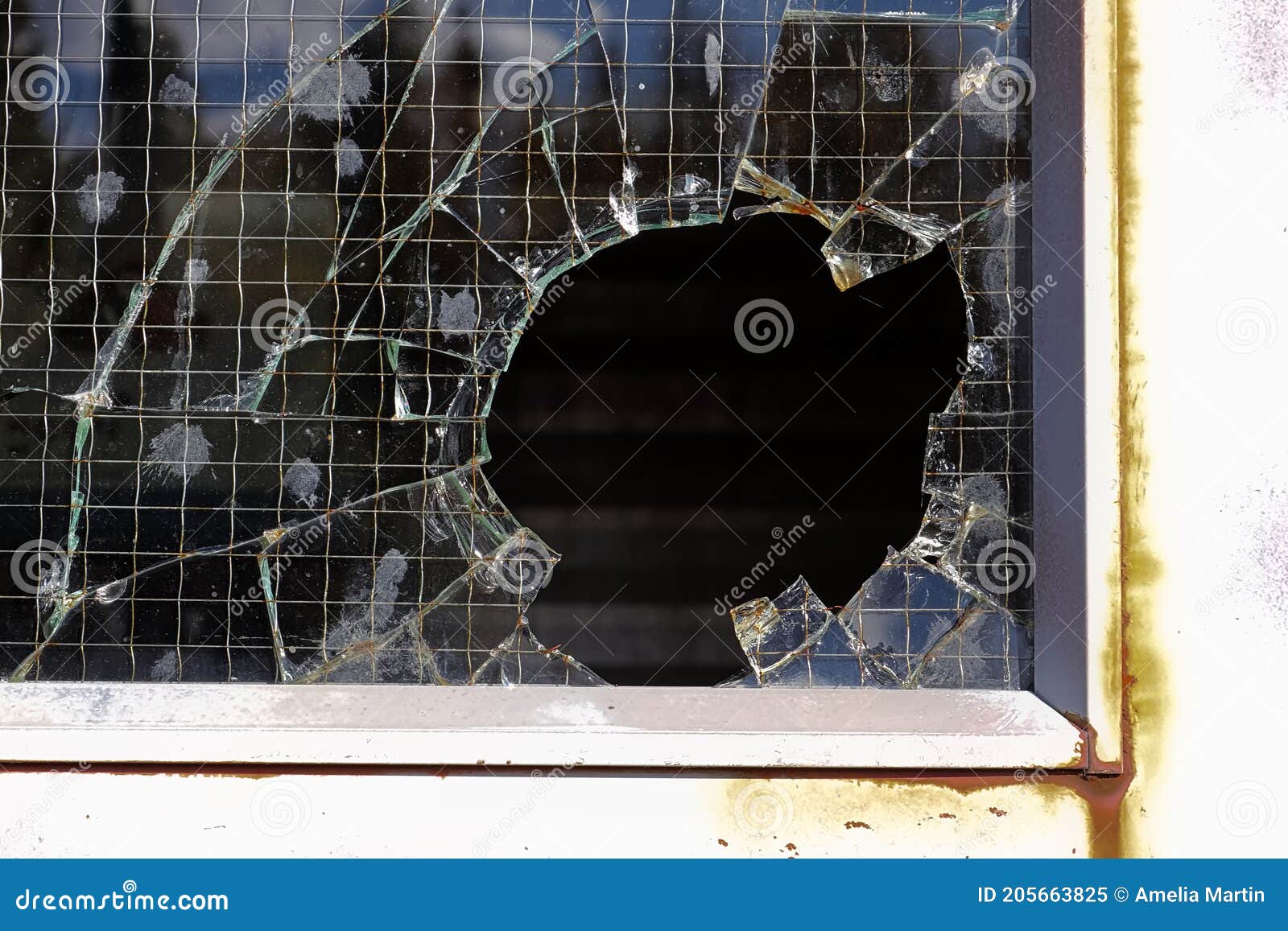 Closeup of a Break-in through a Wired Glass Window Stock Image - Image ...