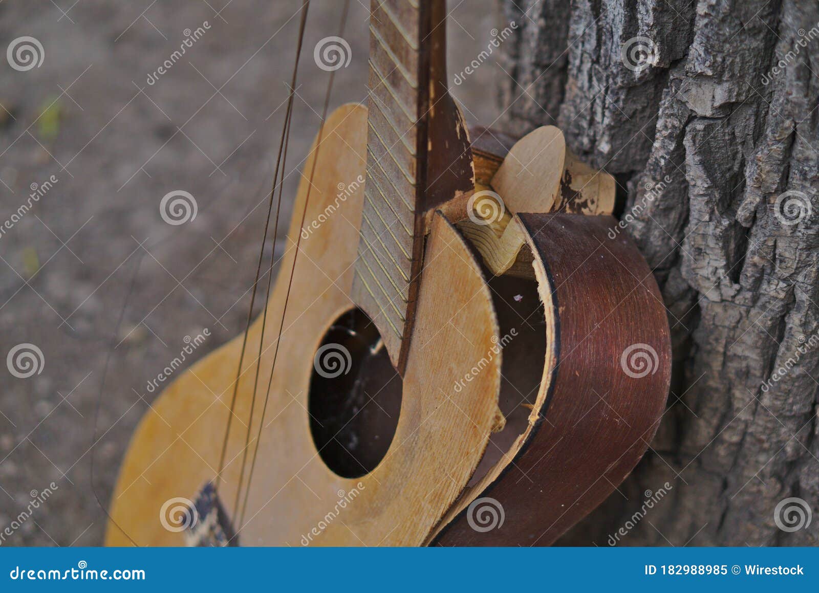 Closeup of a Broken Acoustic Guitar Leaning on a Tree Stock Image ...