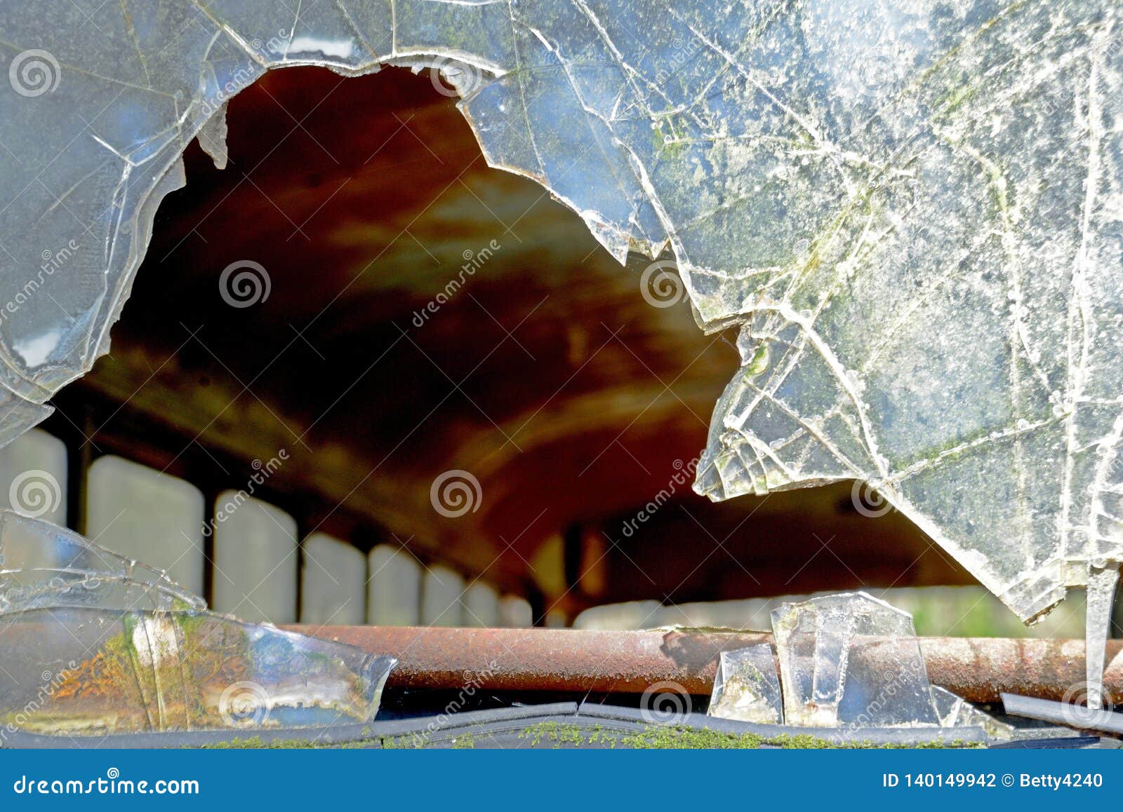 Closeup Broken Windshield in an Abandoned Bus. Stock Photo - Image of ...