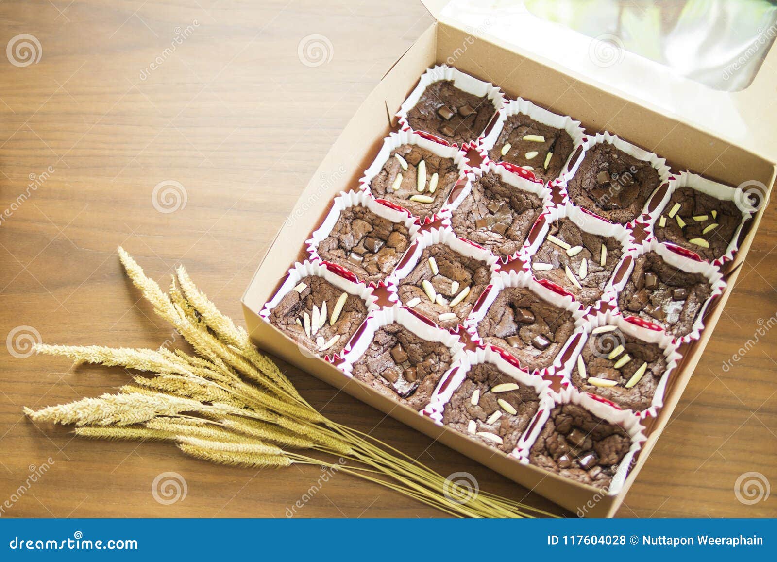 Closeup of Brownies with Package on a Wooden Table and Copy Space Stock ...