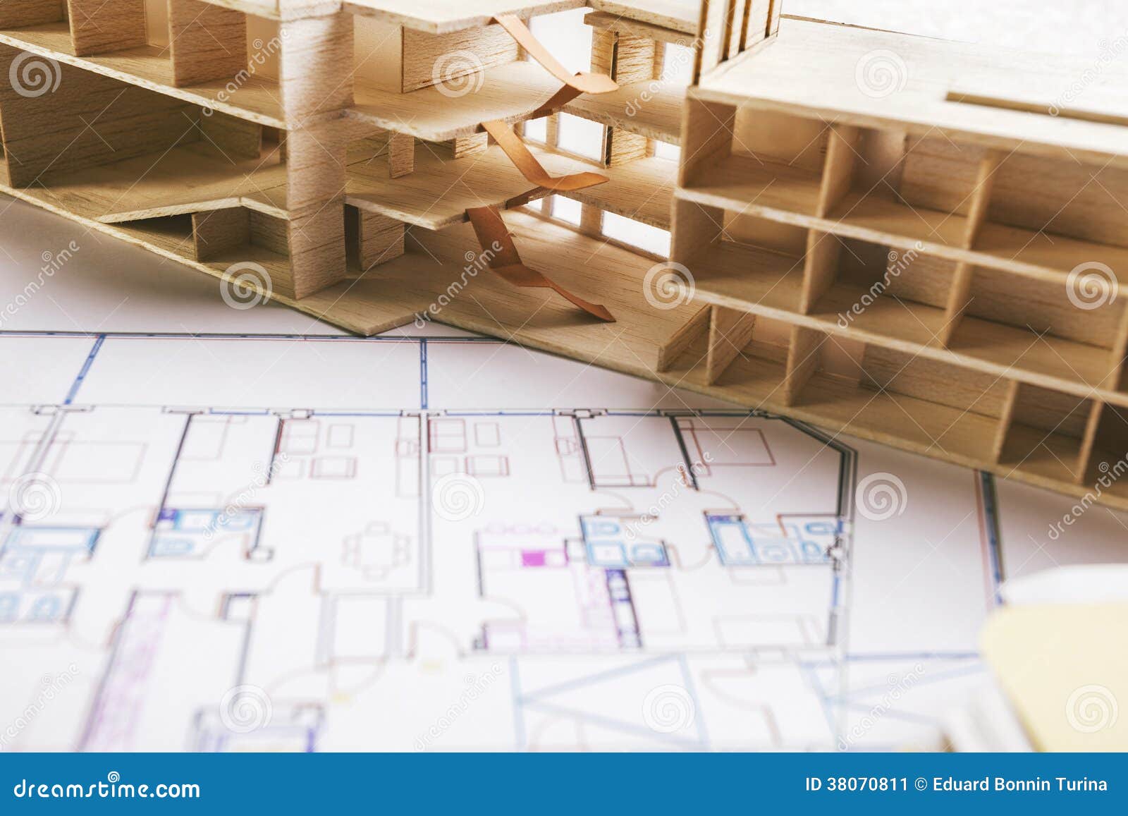 Closeup of Building Model and a Construction Plan. Stock Image - Image ...