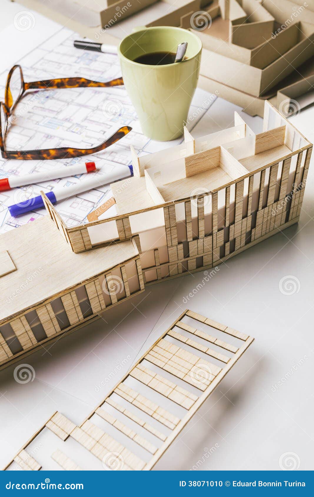 Closeup of Building Model and Drafting Tools on a Construction Plan ...