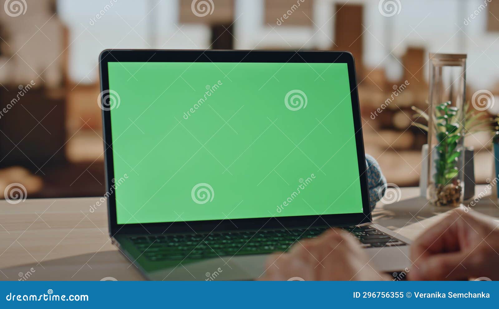 Closeup Businessman Having Videocall at Greenscreen Computer in Work ...