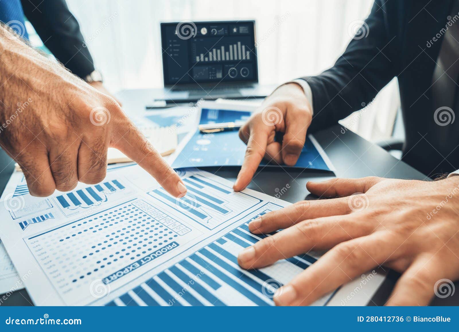 Closeup Busy Analyst Team Discussing Financial Data on Laptop. Fervent ...