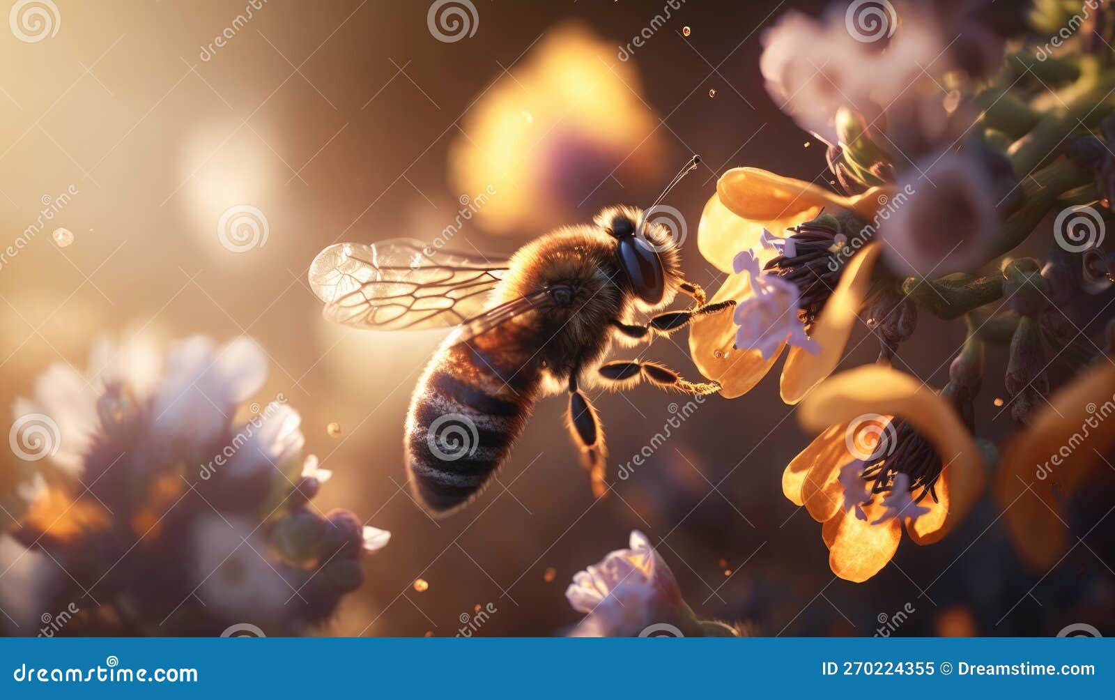 Closeup of a Busy Bee Hovering Over a Beautiful Flower, Pollinating and ...