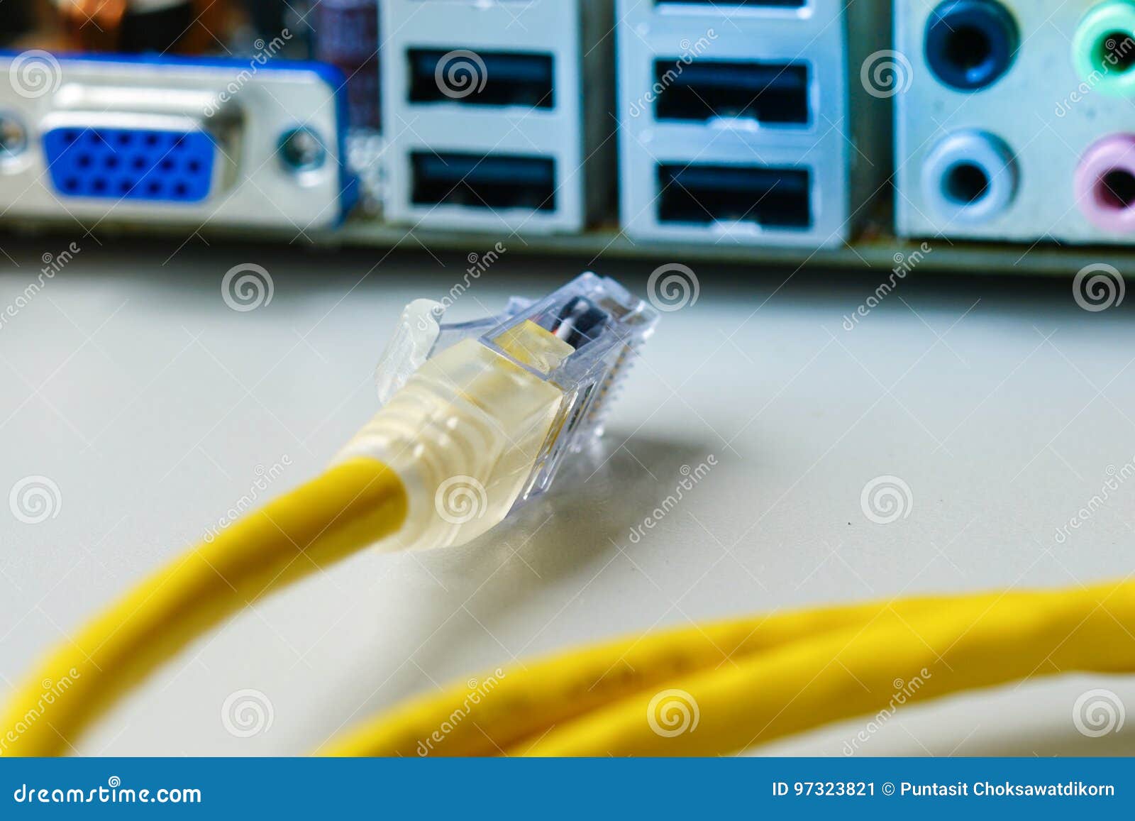Closeup Cable Wire Network Connected To Computer. Stock Image - Image ...
