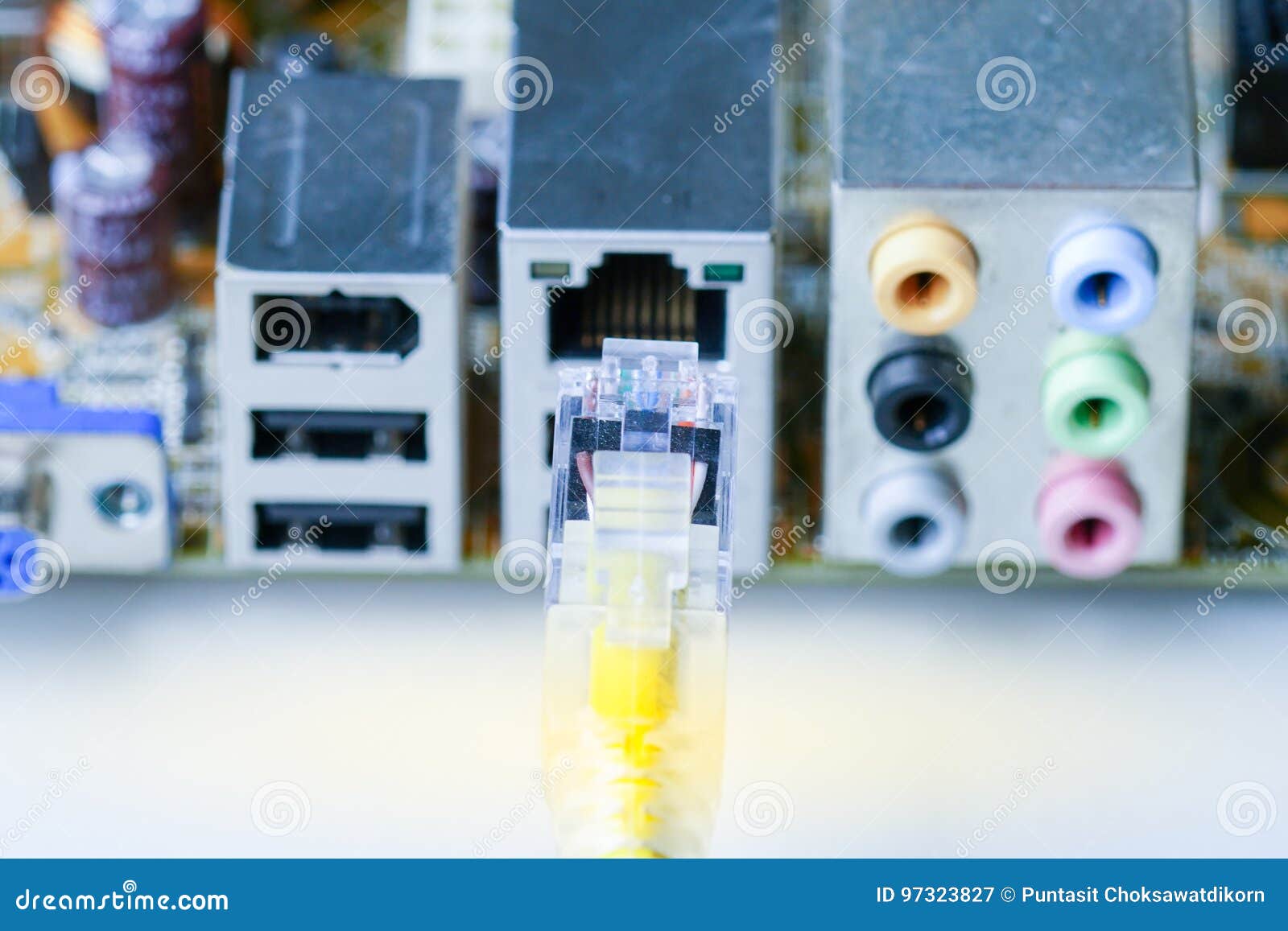 Closeup Cable Wire Network Connected To Computer. Stock Image - Image ...