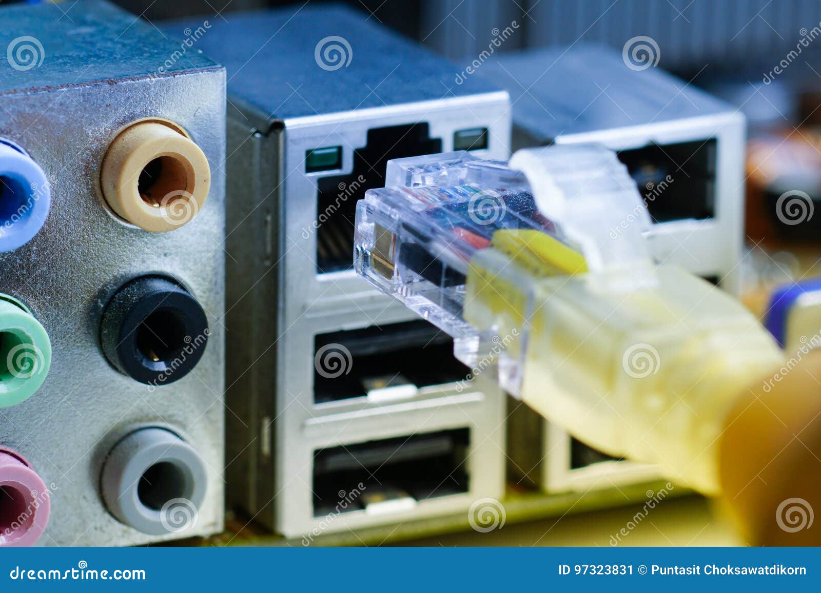 Closeup Cable Wire Network Connected To Computer. Stock Image - Image ...