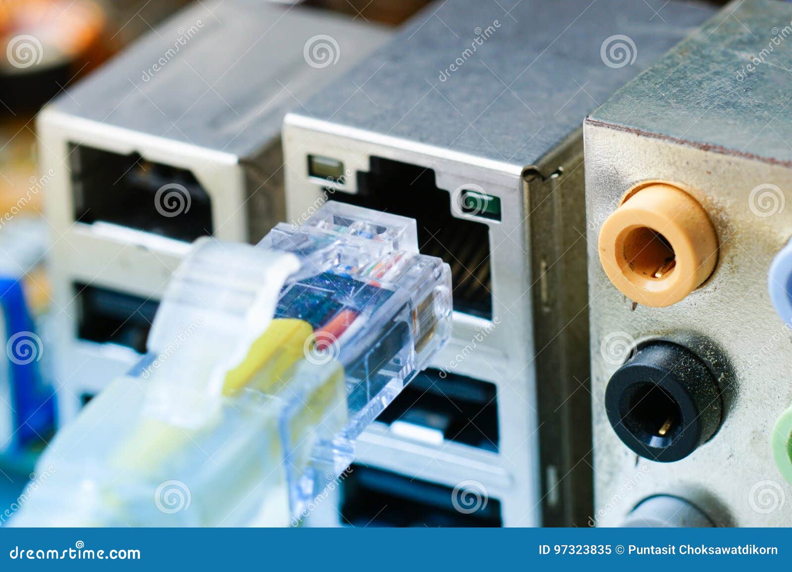 Closeup Cable Wire Network Connected To Computer. Stock Image - Image ...