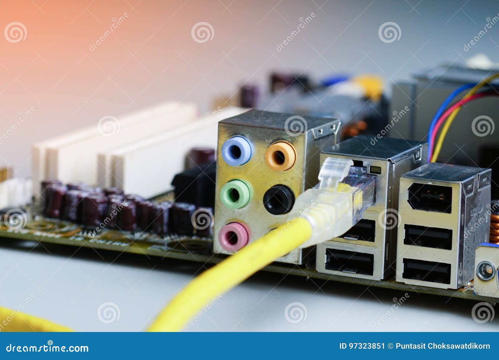 Closeup Cable Wire Network Connected To Computer. Stock Image - Image ...