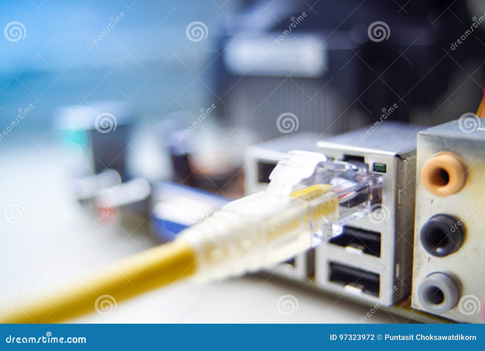 Closeup Cable Wire Network Connected To Computer. Stock Photo - Image ...