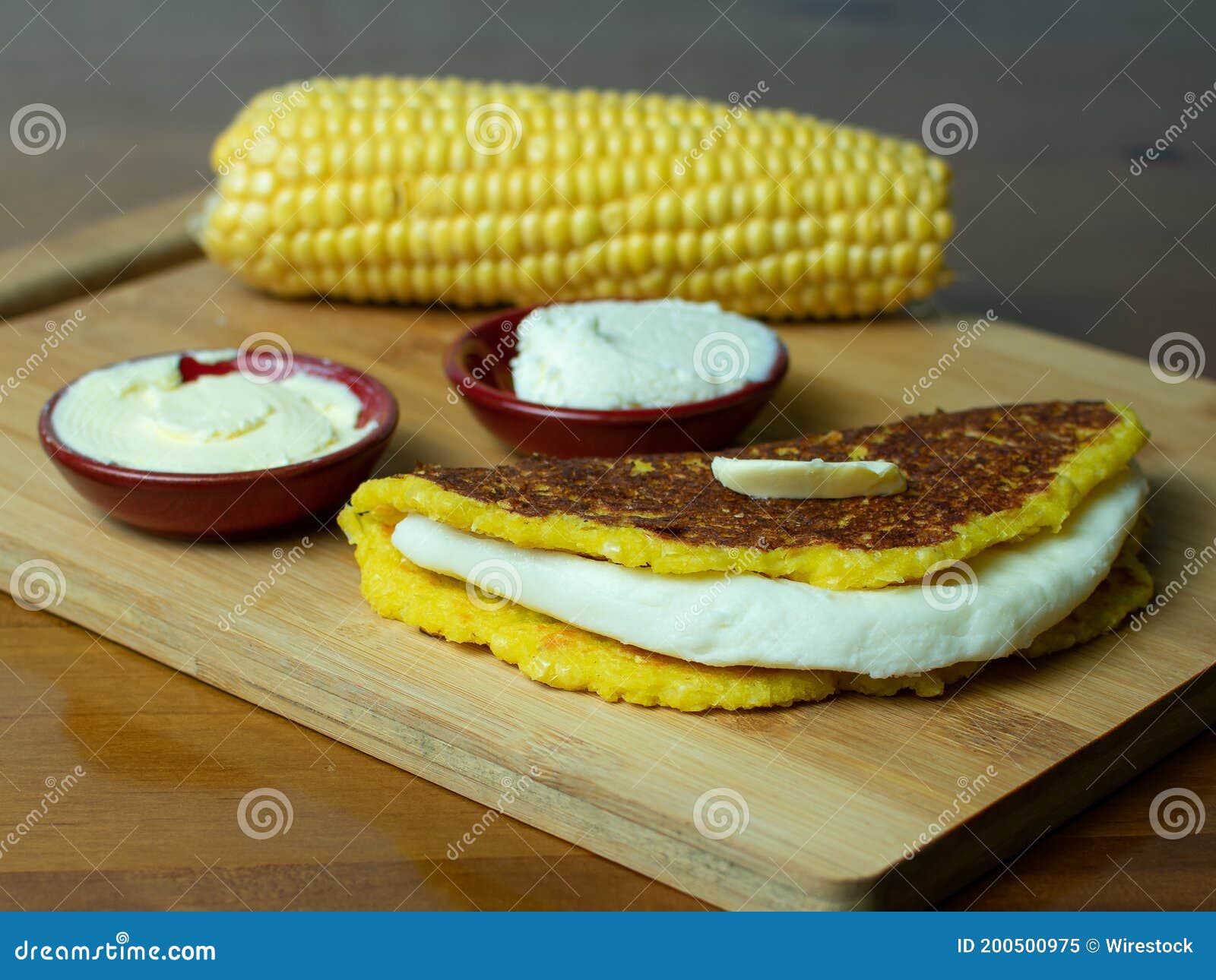 Closeup of Cachapa with Cheese and Boiled Corn on the Background Stock ...