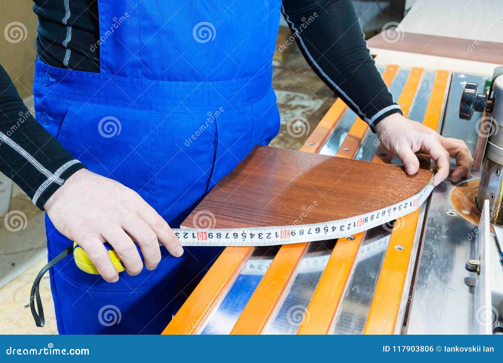Closeup of Carpenter`s Hands Using One Meter in a Cottage Workshop ...