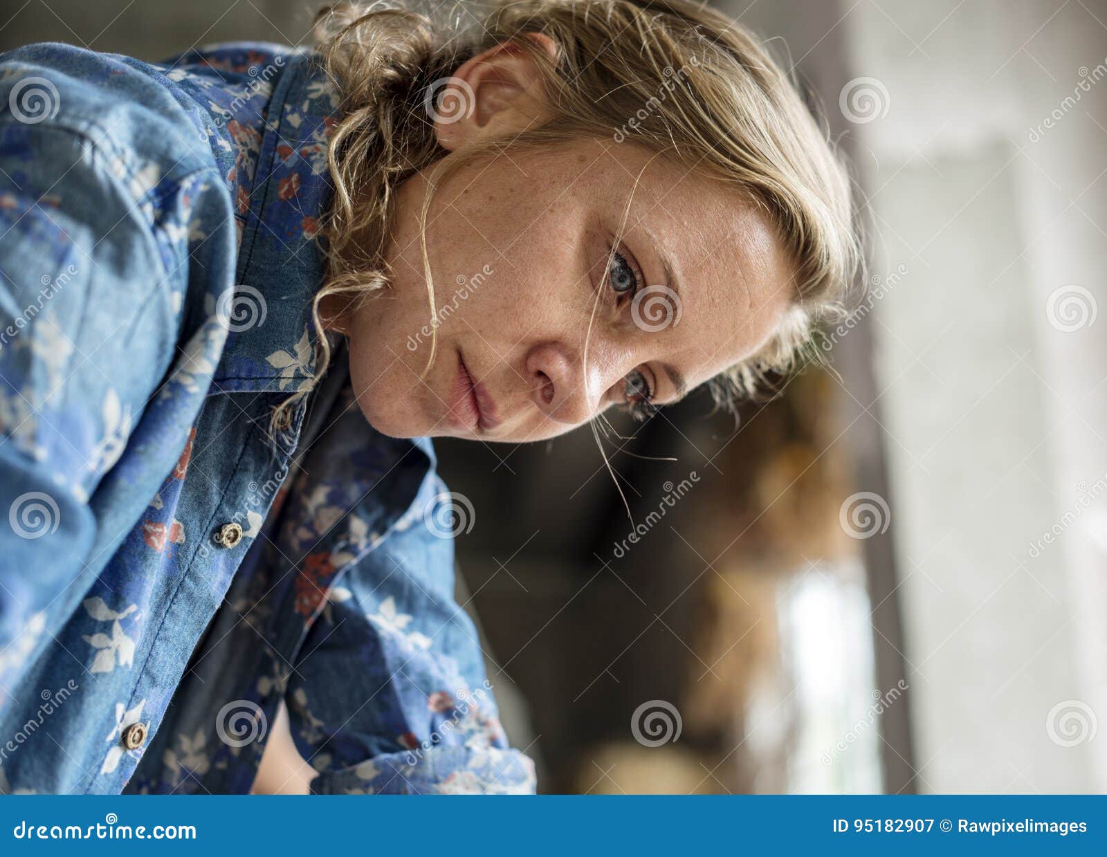 Closeup of Caucasian Woman Working Face Thoughtful Expression Stock ...