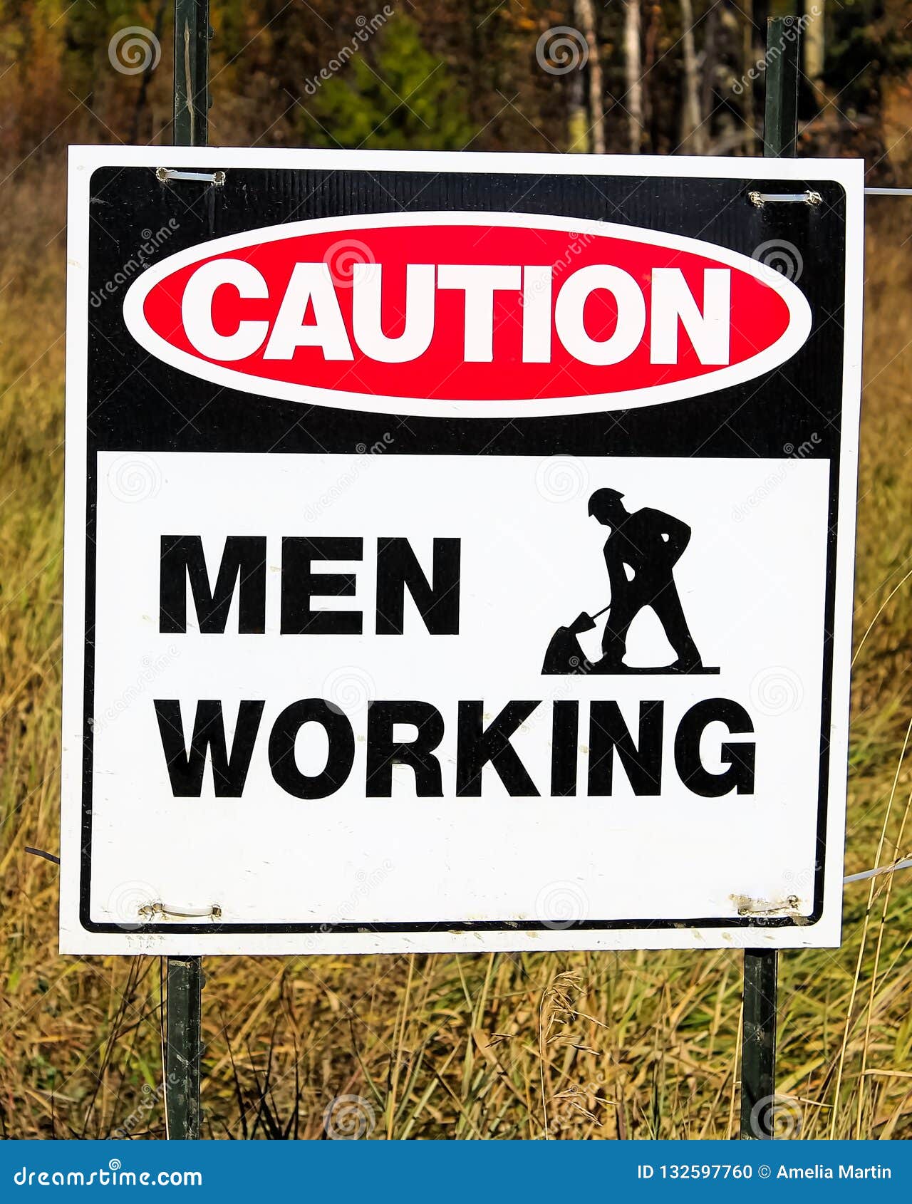 Closeup of a Caution Men Working Sign Stock Photo - Image of industrial ...