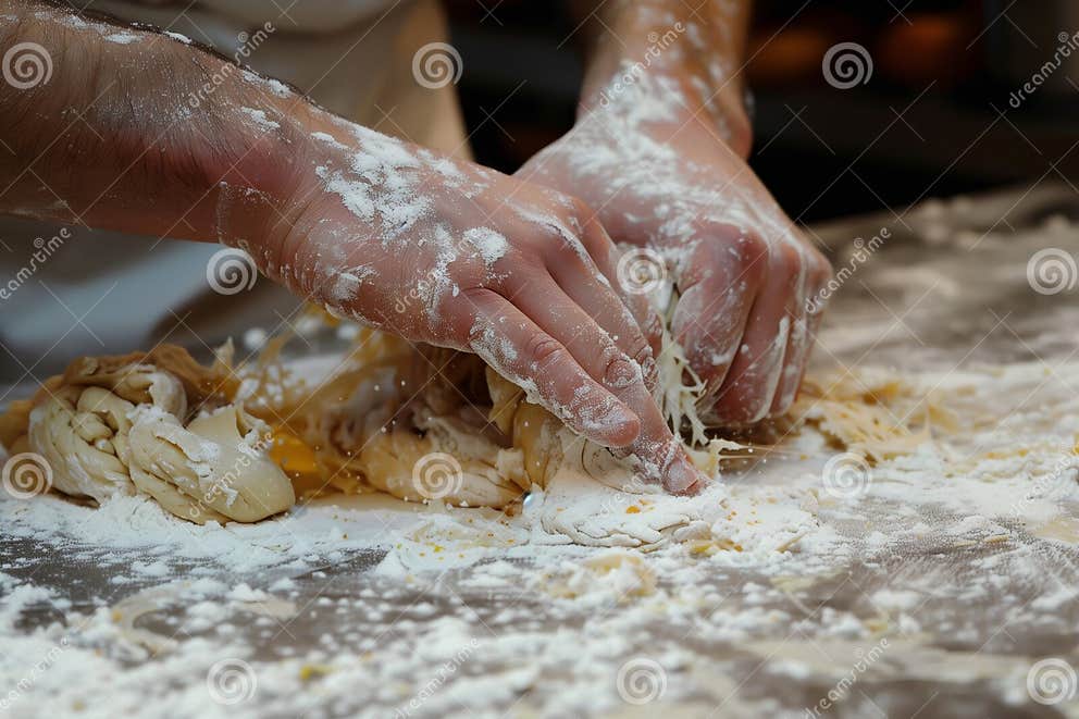 Closeup of Chefs Hands Kneading Dough on a Floured Surface Stock ...