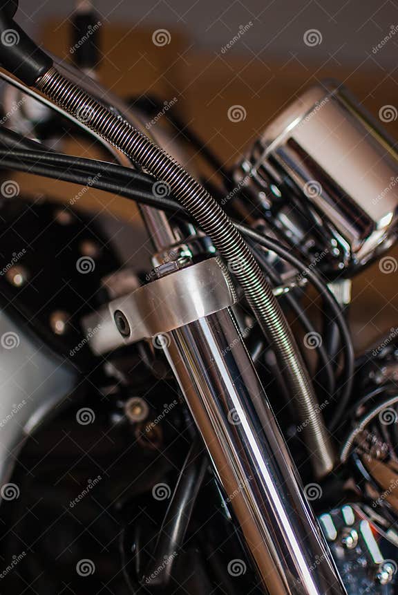 Closeup of Chopper S Chrome Handlebar, Fork, and Actuator Stock Image ...