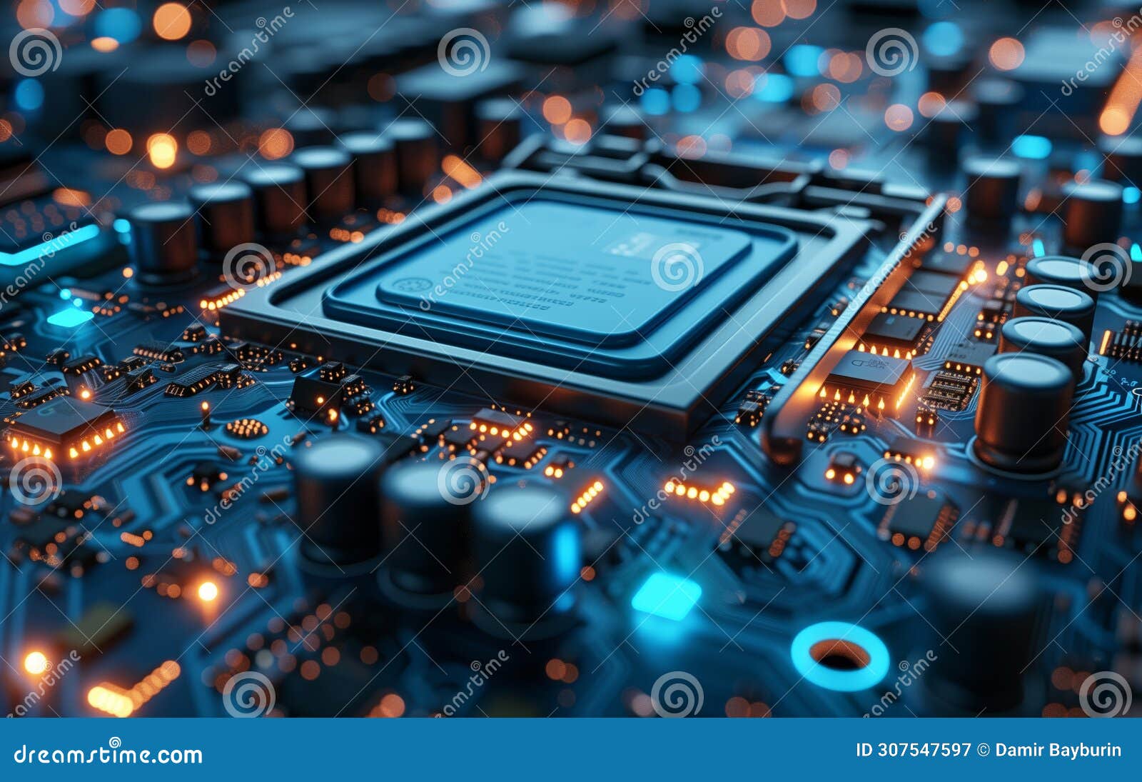 Close Up of a Blue Computer Chip, a Circuit Component on a Motherboard ...