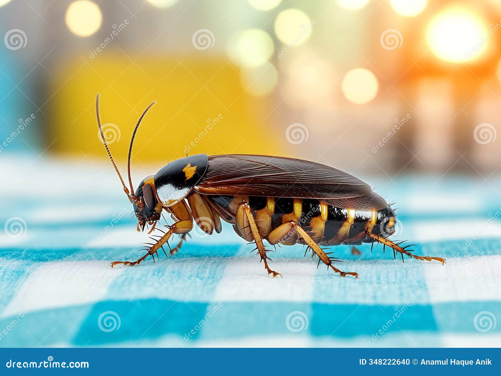 A Closeup of a Cockroach on a Blue and White Checkered Surface Stock ...