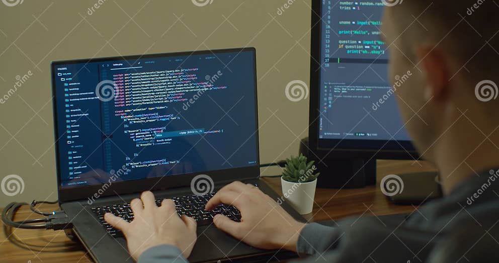 Closeup Coding On Screen Man Hands Coding Html And Programming On 9575