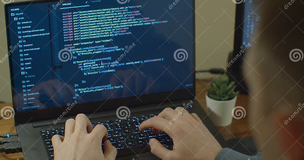 Closeup Coding on Screen, Man Hands Coding Html and Programming on Screen Monitors, Development ...