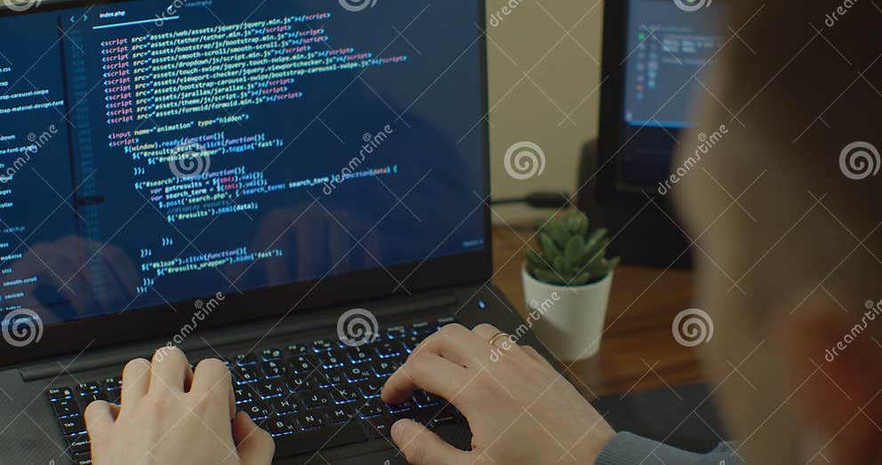 Closeup Coding On Screen Man Hands Coding Html And Programming On 1228