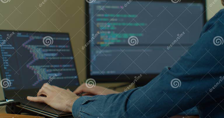 Closeup Coding On Screen Man Hands Coding Html And Programming On 8903