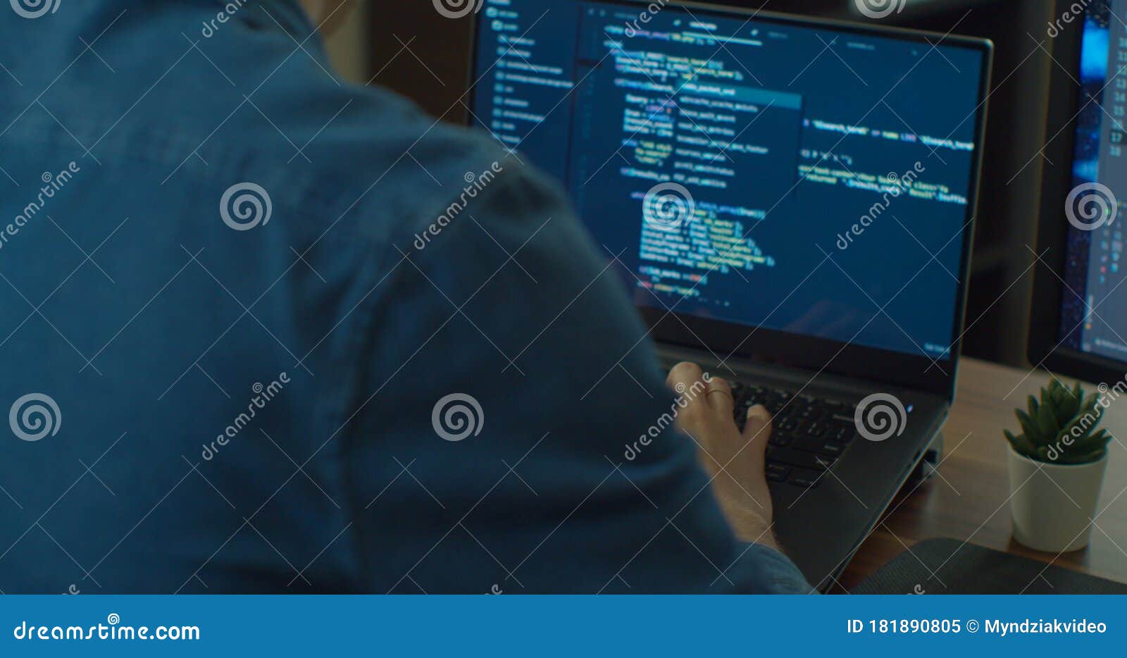 Closeup Coding On Screen Man Hands Coding Html And Programming On Two Screen Monitors