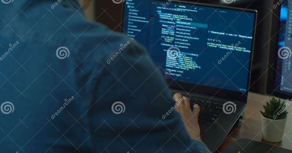 Closeup Coding On Screen Man Hands Coding Html And Programming On Two 9017