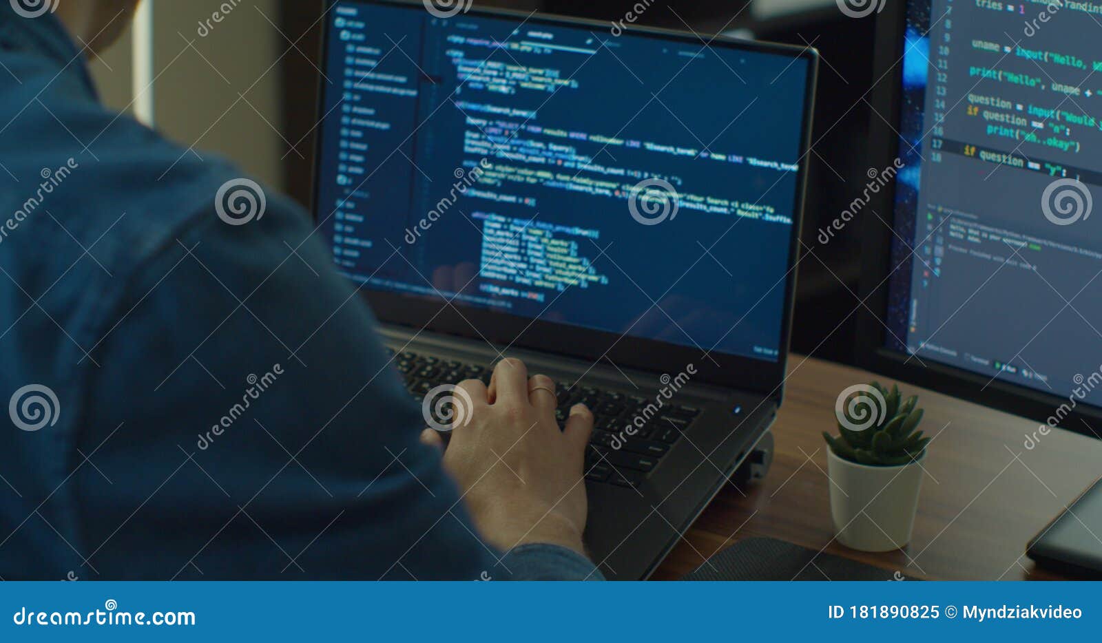 Closeup Coding On Screen Man Hands Coding Html And Programming On Two Screen Monitors