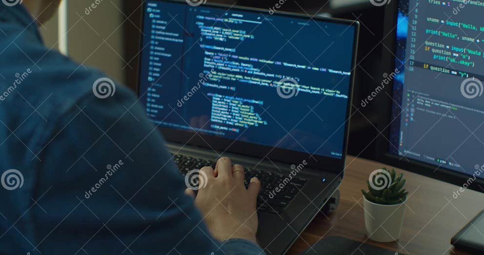 Closeup Coding On Screen Man Hands Coding Html And Programming On Two 7718
