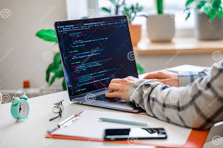 Closeup Coding on Screen, Man`s Hands Coding and Programming on Screen ...