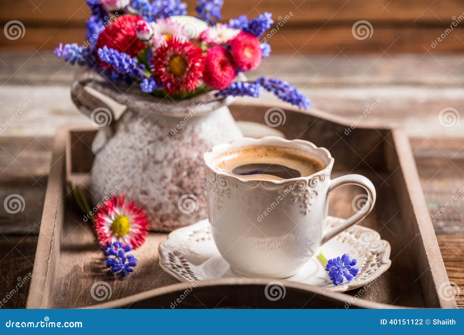 Closeup of Coffee and Spring Flowers Stock Photo - Image of latte ...